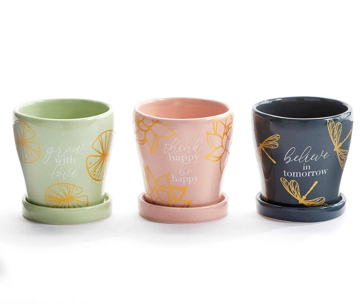 Planter Set - Mini Ceramic Pots with Removable Tray - Inscribed Sentim ...